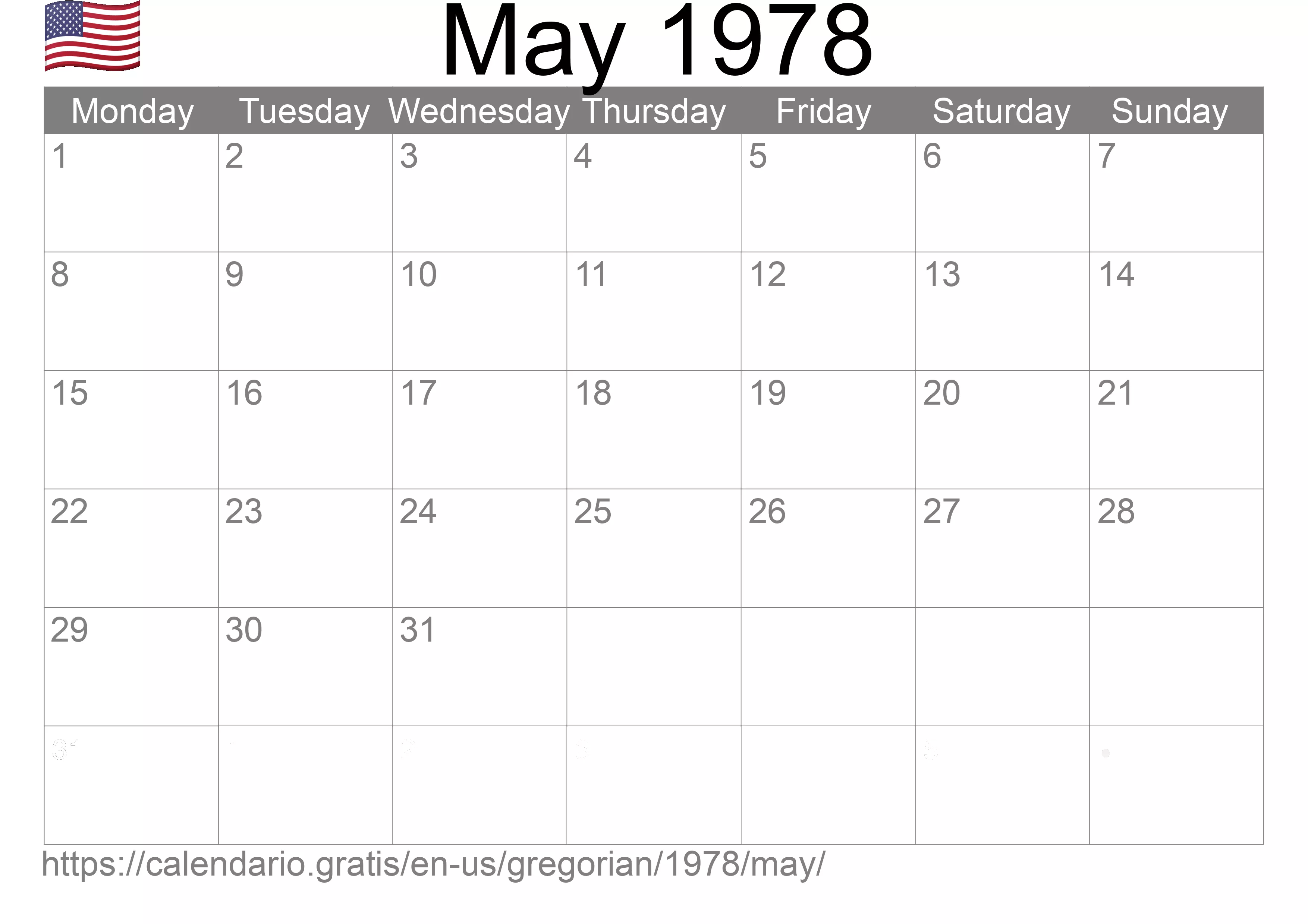 Calendar May 1978 from United States of America in English: Holidays ...