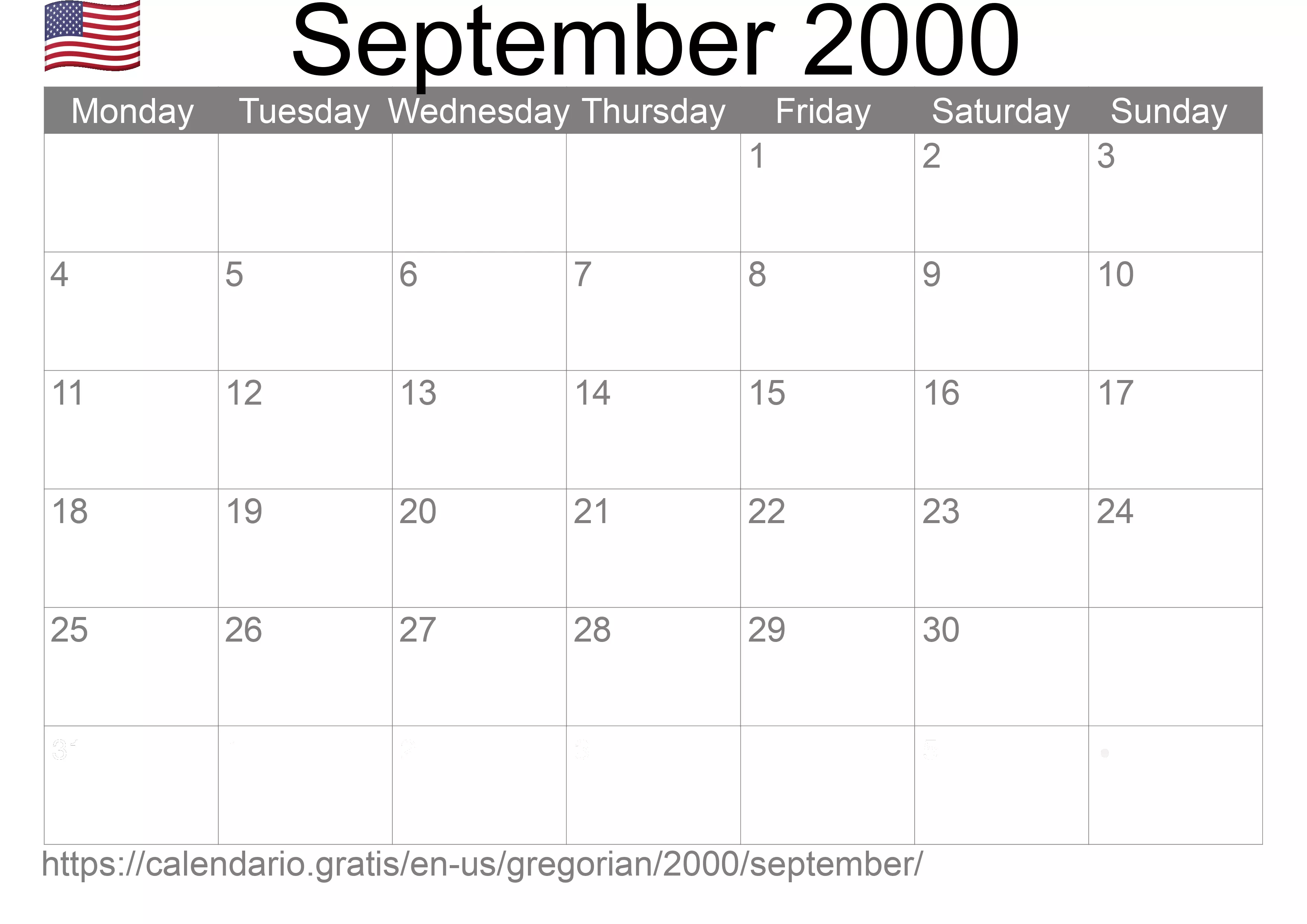 Calendar September 2000 from United States of America in English ...