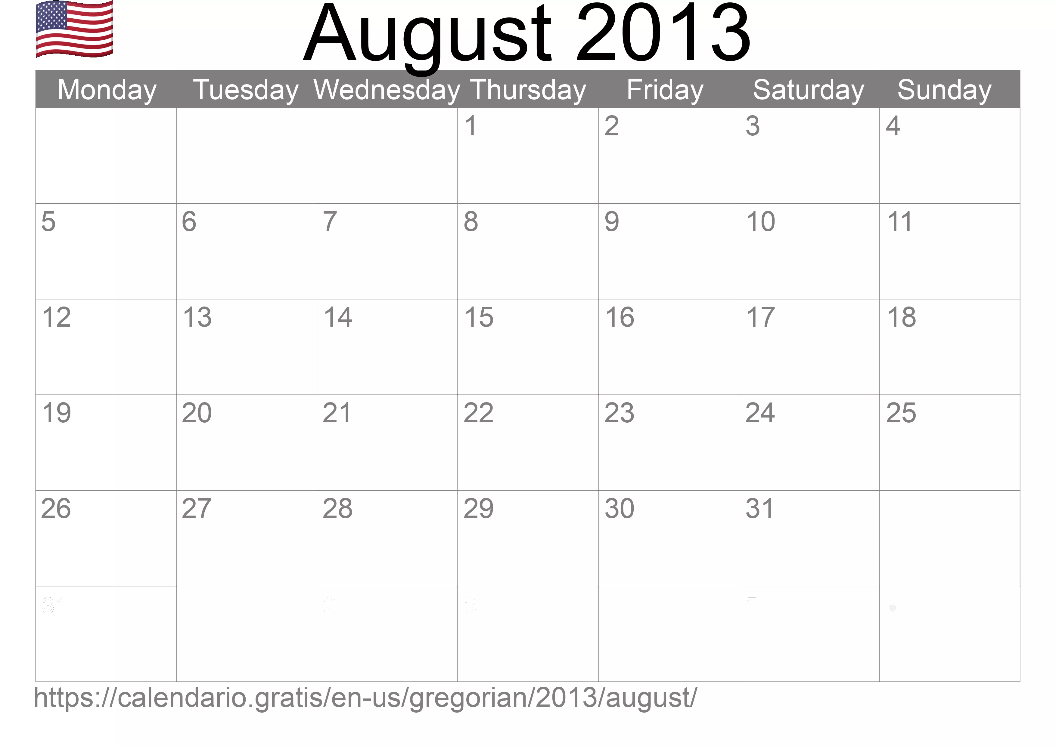 Calendar August 2013 from United States of America in English: Holidays ...