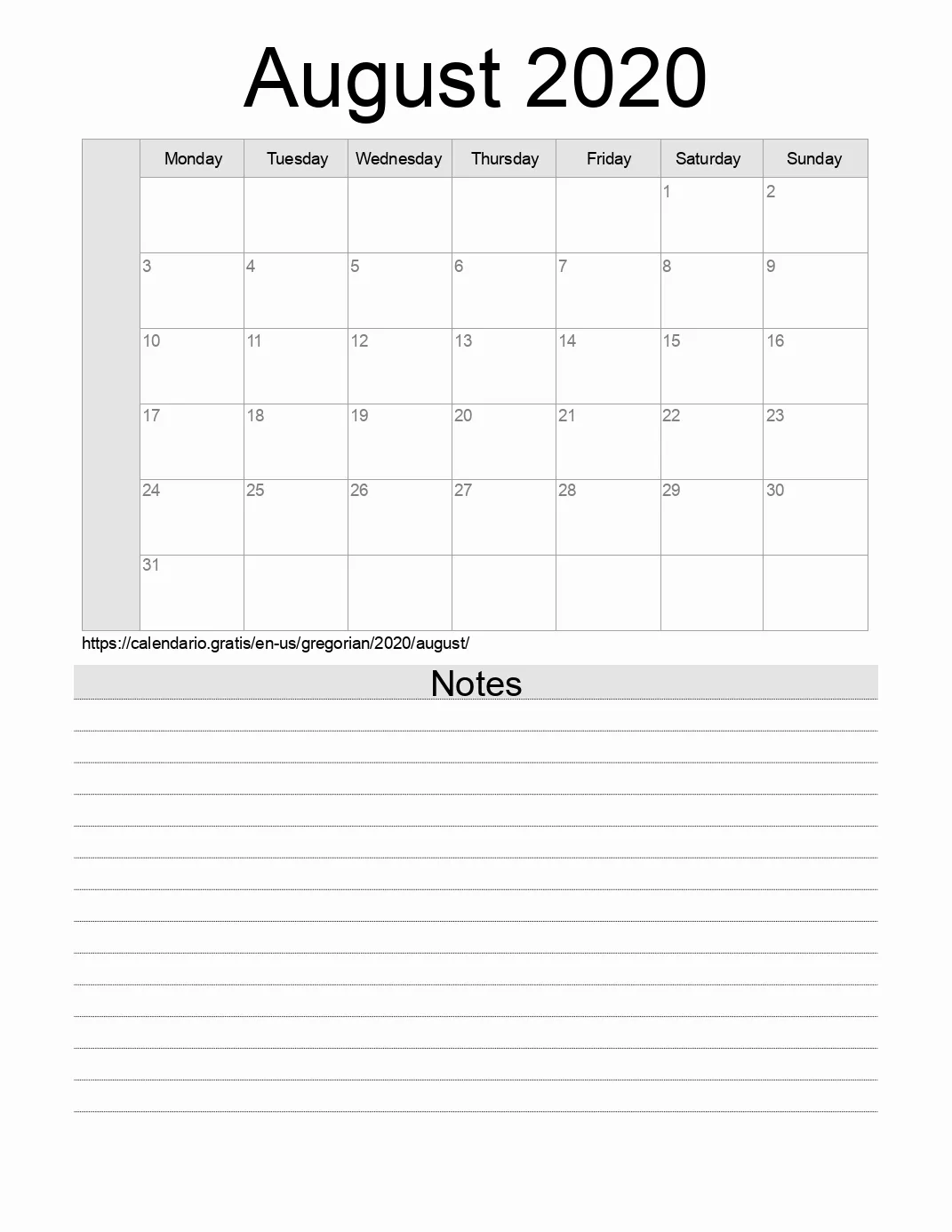 Calendar August 2020 from United States of America in English: Holidays ...