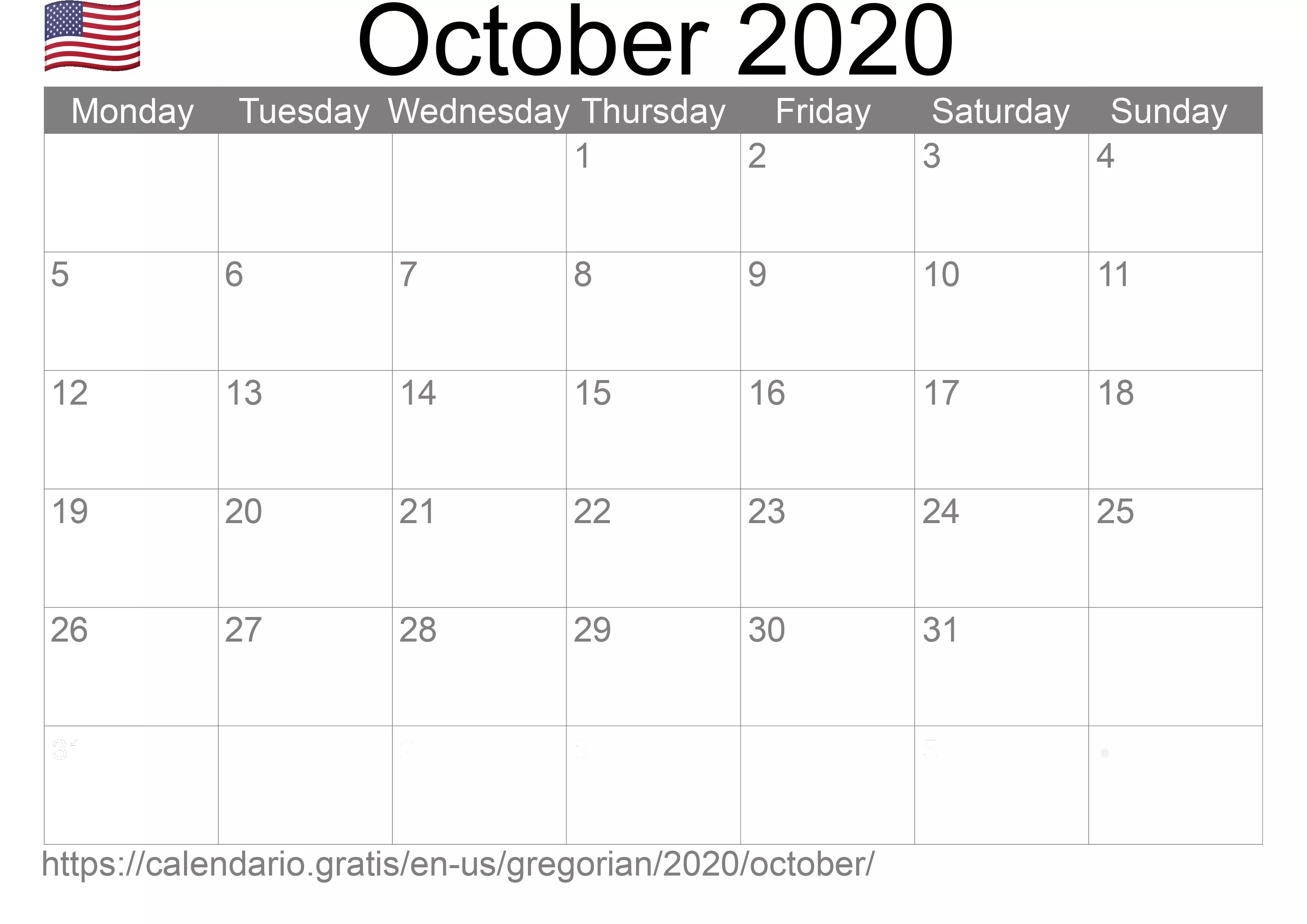 Calendar October 2020 from United States of America in English ...