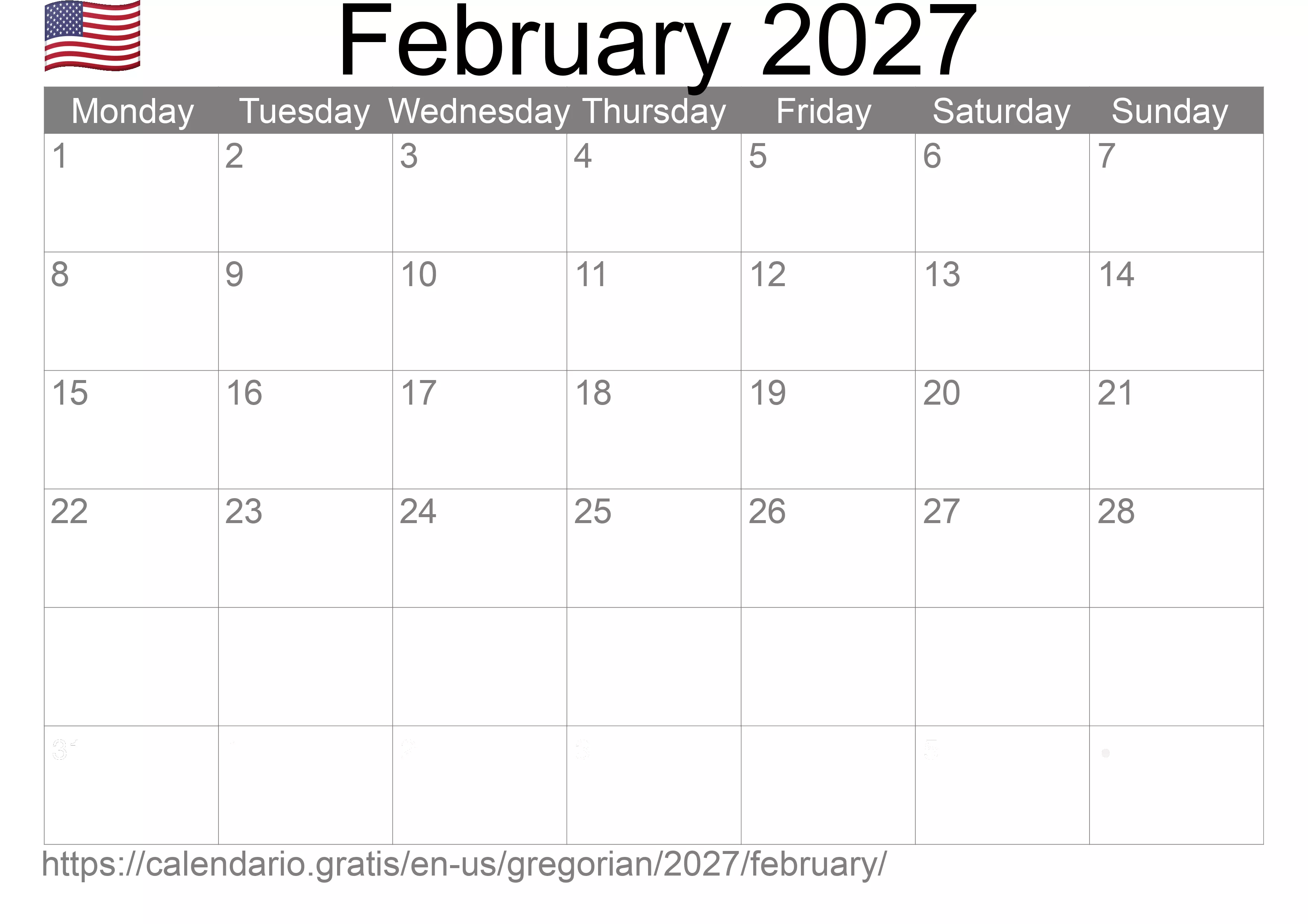 Calendar February 2027 from United States of America in English ...