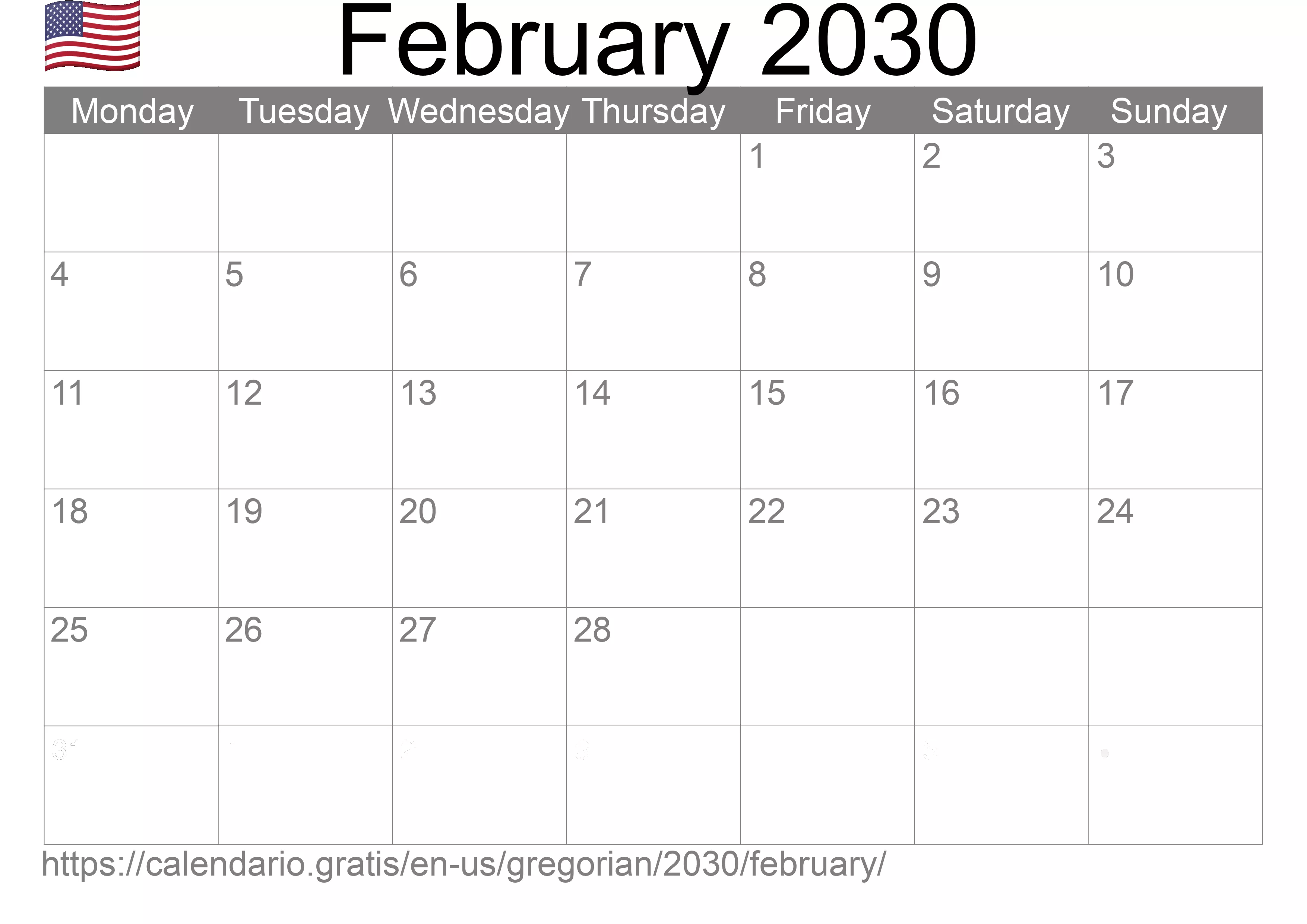 Calendar February 2030 from United States of America in English ...