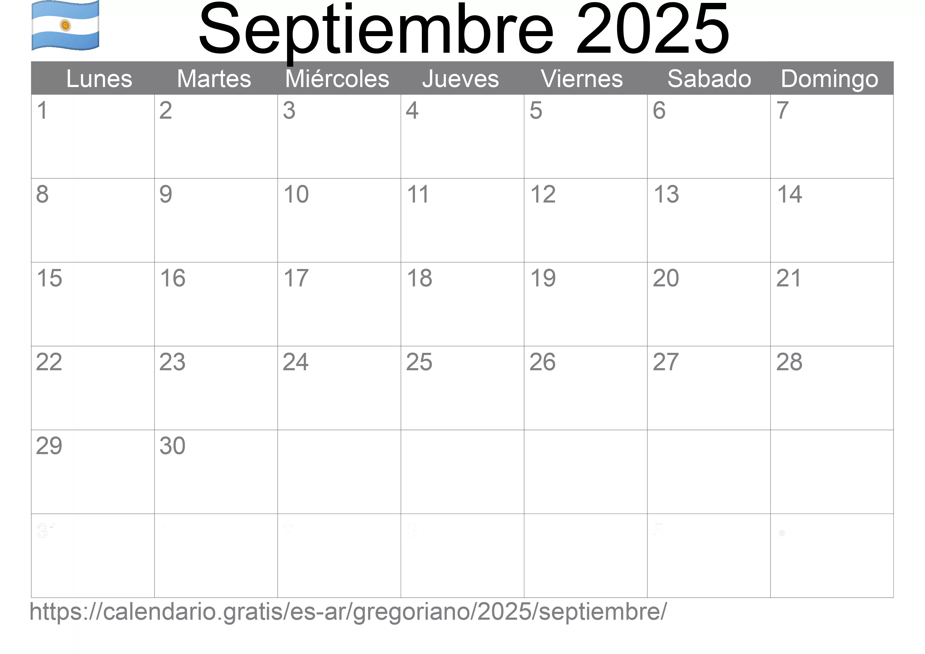 Calendario Septiembre 2025 de Argentina en español ☑️ Calendario.Gratis
