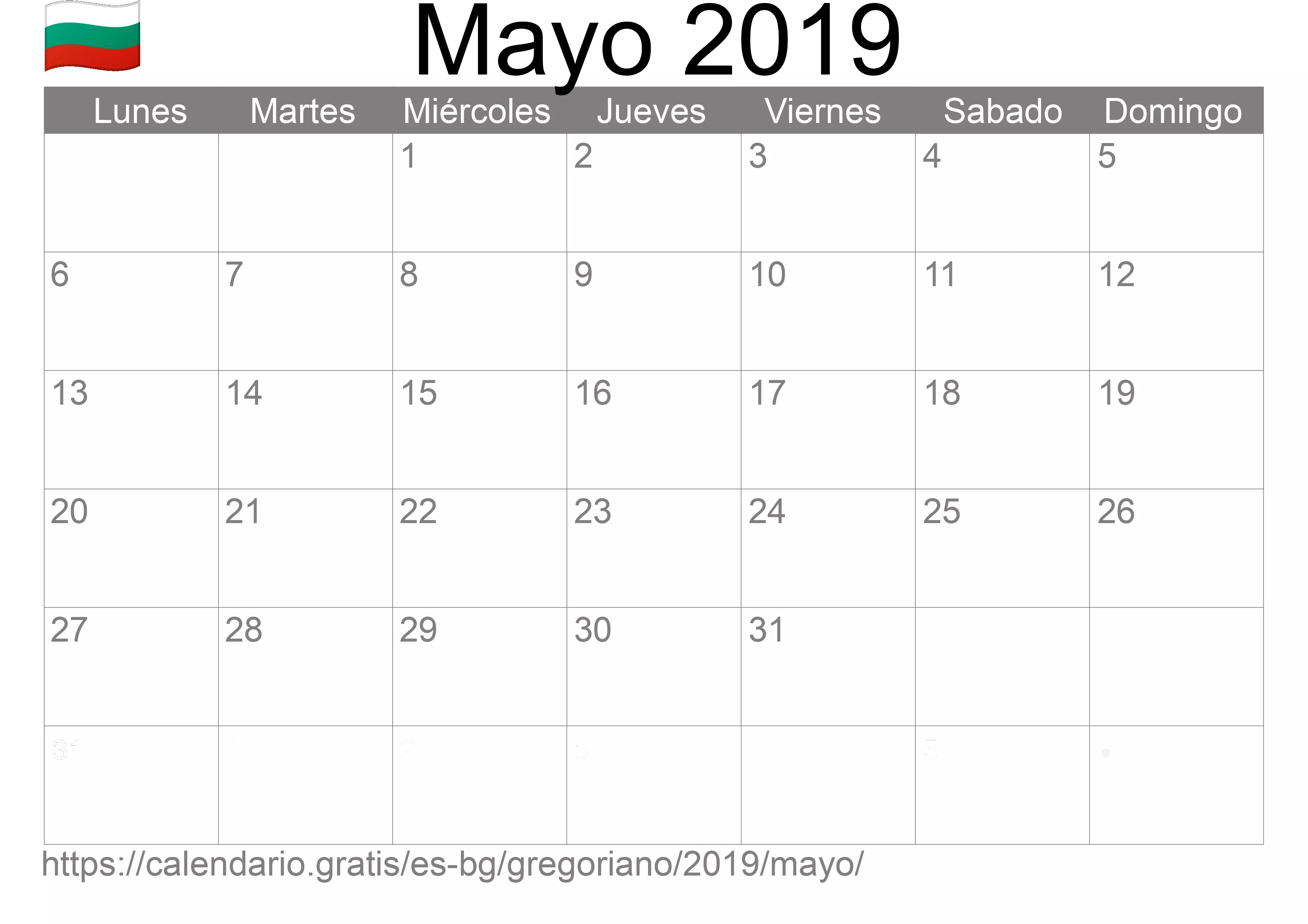 Calendario Mayo 2019 de Bulgaria en español: Festivos y fase lunar
