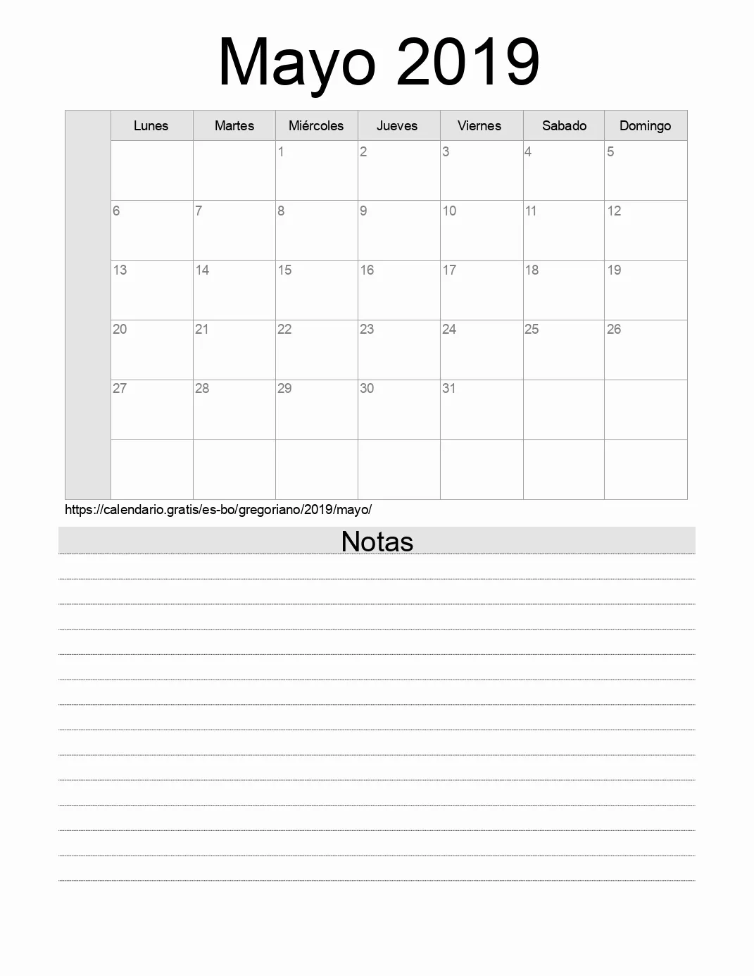 Calendario Mayo 2019 de Bolivia en español: Festivos y fase lunar