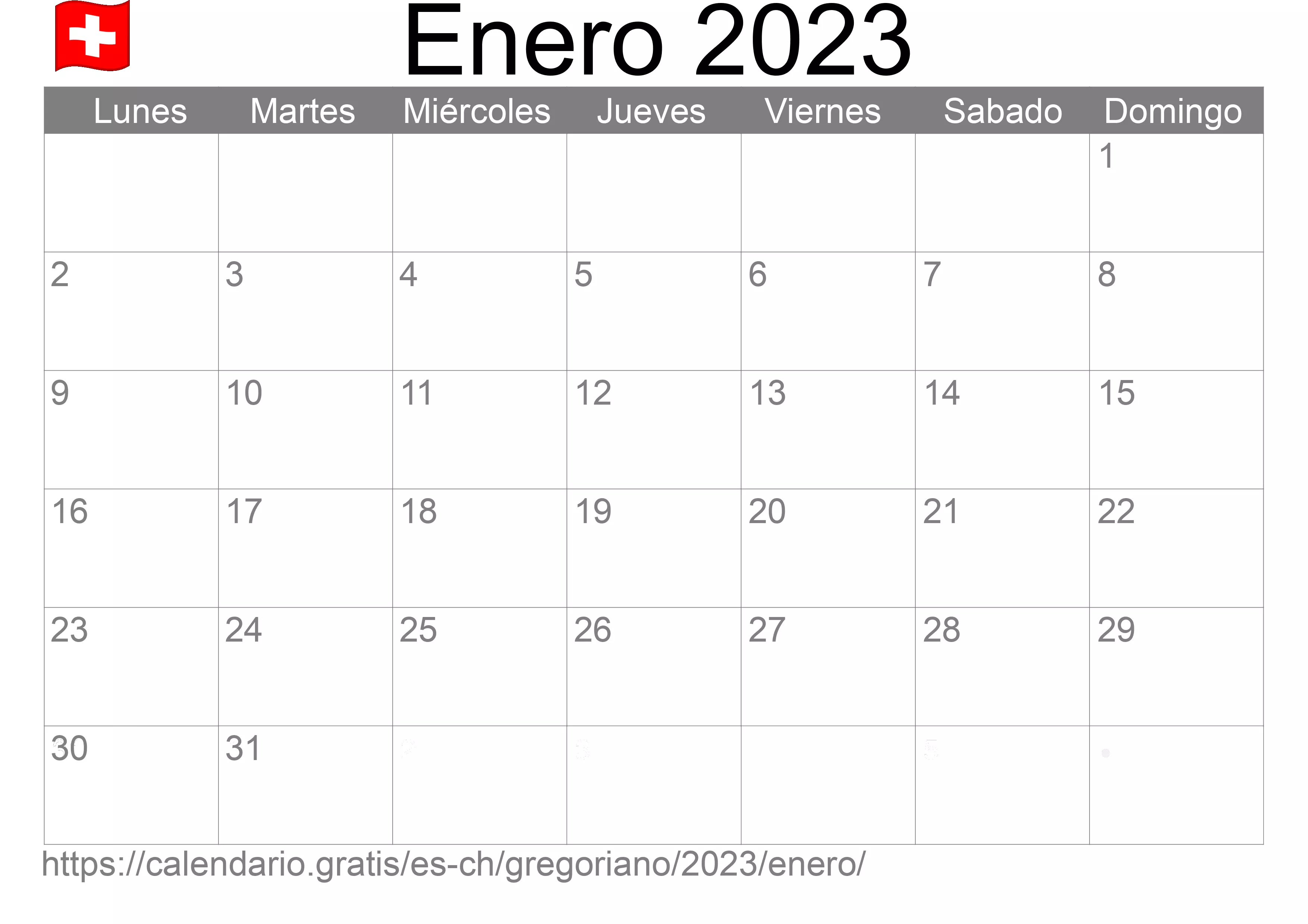 Calendario Enero 2023 de Suiza en español: Festivos y fase lunar