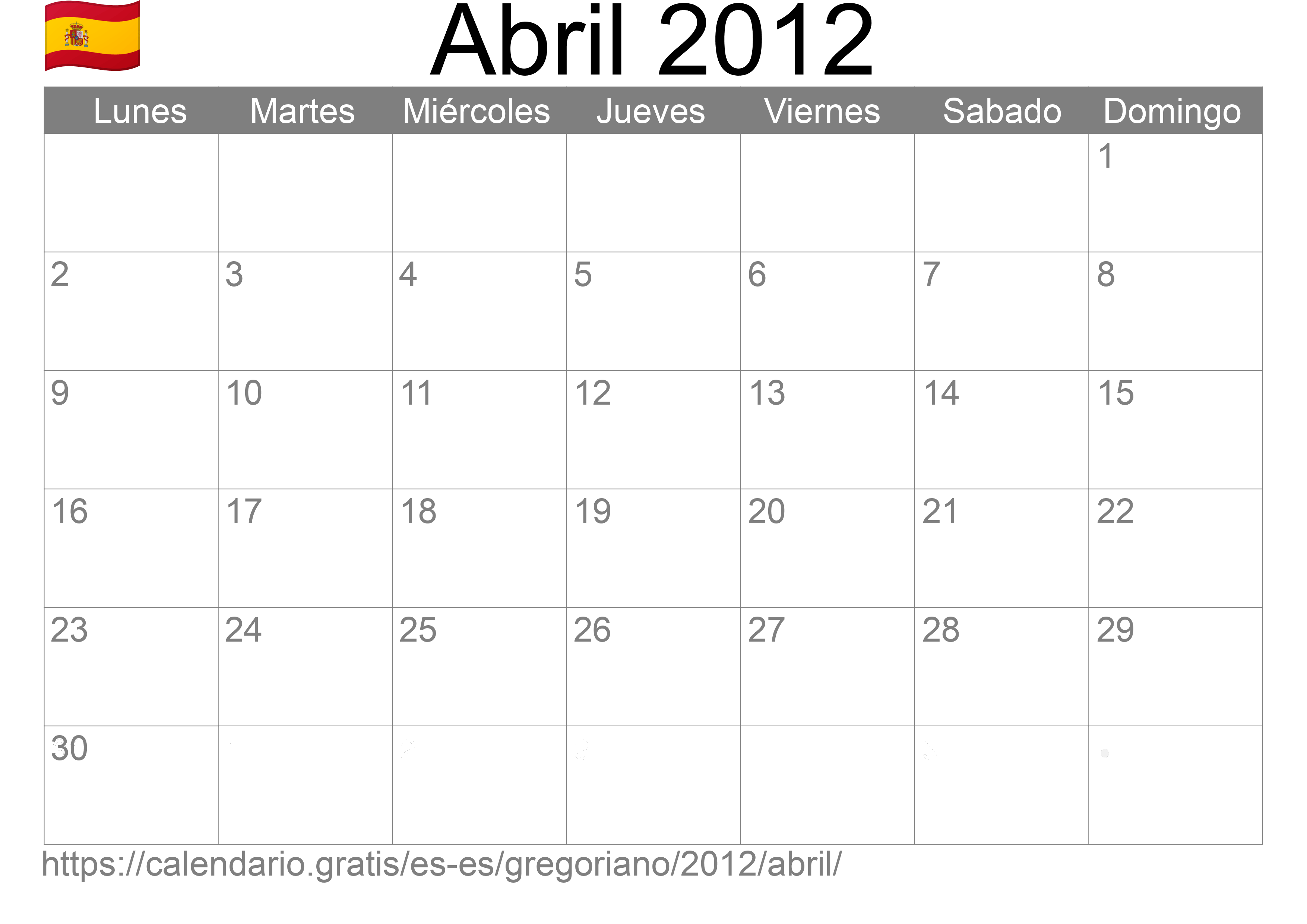 Calendario Abril 2012 de España en español: Festivos y fase lunar