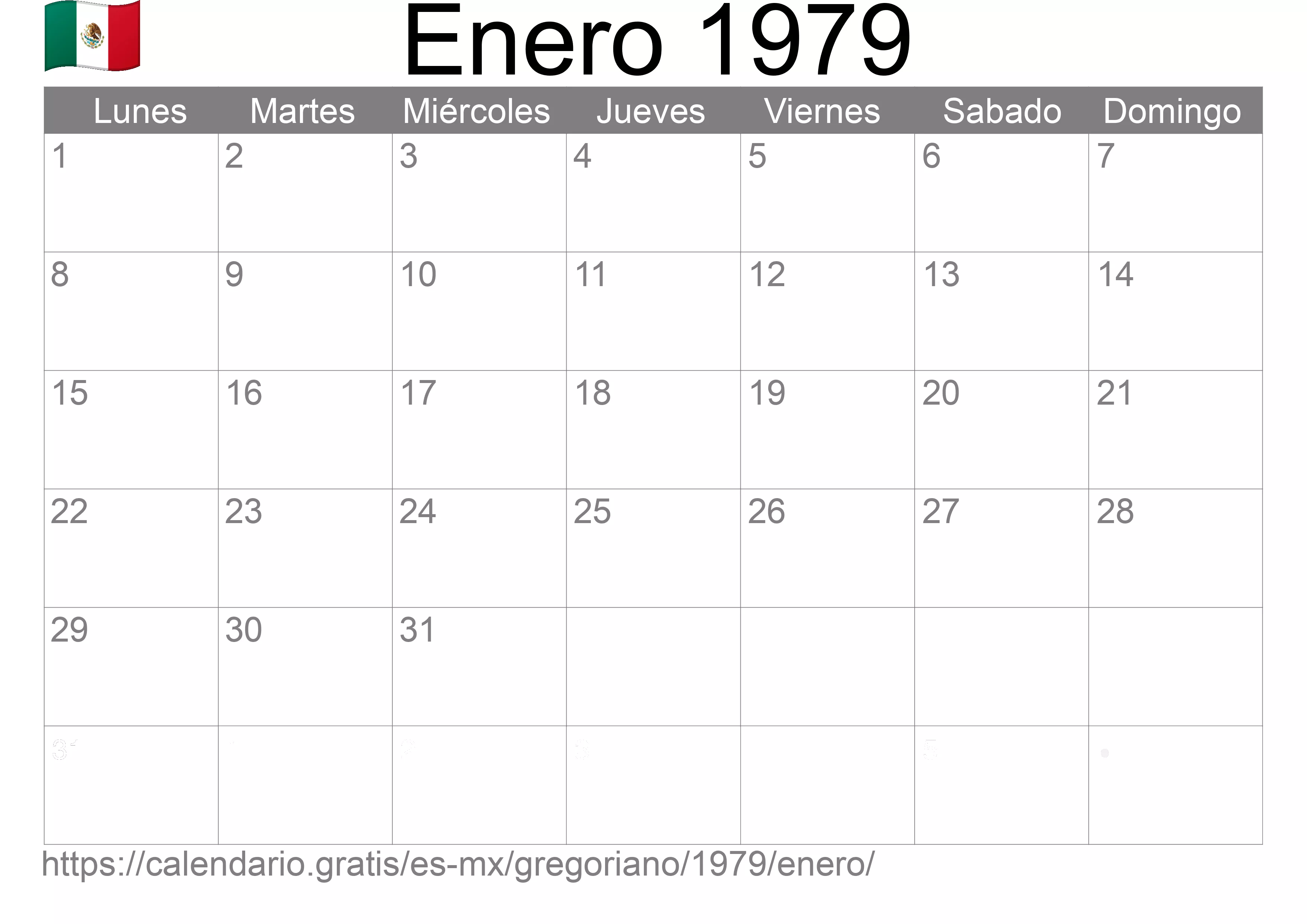 Calendario Enero 1979 de México en español: Festivos y fase lunar