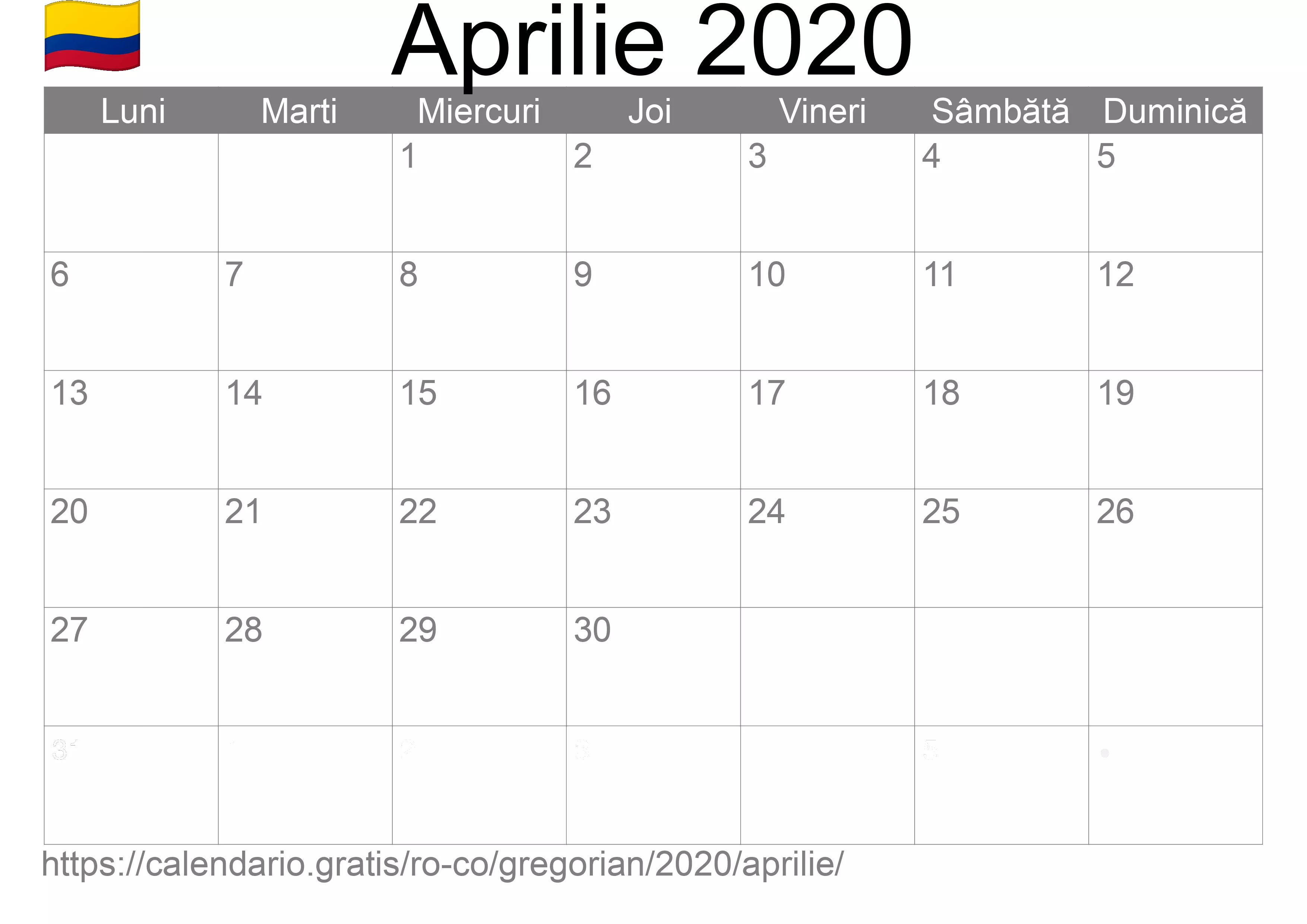 Calendar Aprilie 2020 a Columbia în română: Sărbători și faza lunii