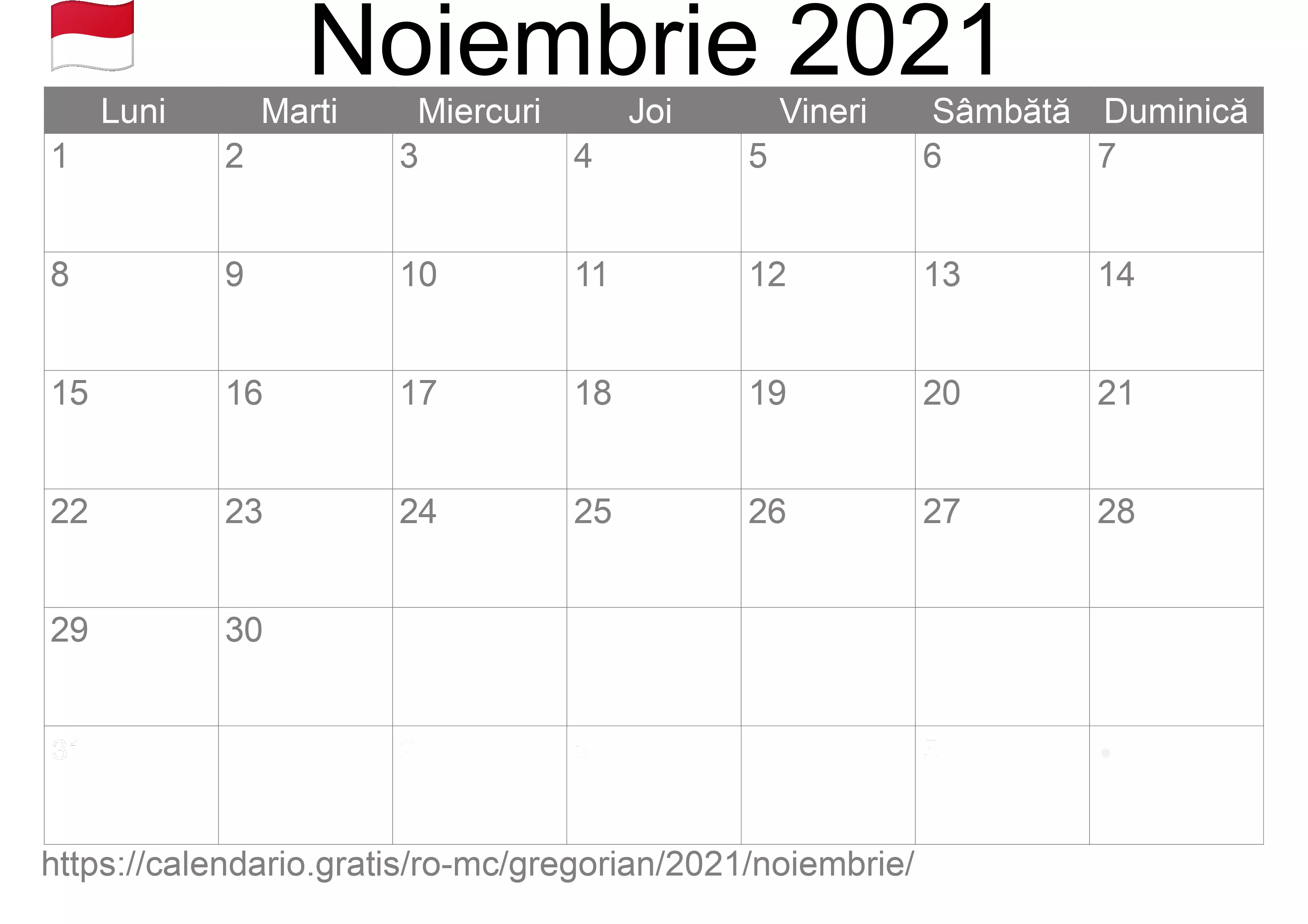 Calendar Noiembrie 2021 a Monaco în română: Sărbători și faza lunii